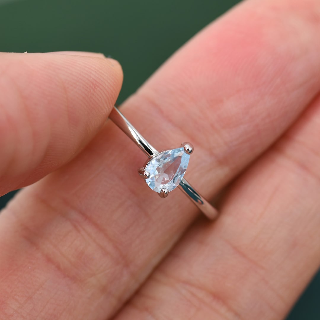 Natural Blue Topaz Droplet Ring in Sterling Silver, 4x6mm, Prong Set ...