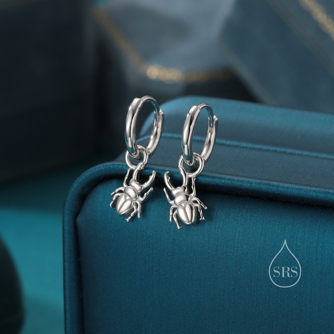 Stag Beetle Huggie Hoop Earrings in Sterling Silver, Silver, Gold or Rose Gold, Interchangeable ...