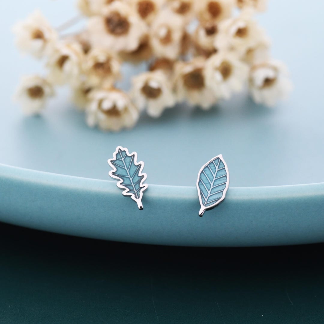 Mismatched Enamel Oak and Beech Leaf Stud Earrings in Sterling Silver ...