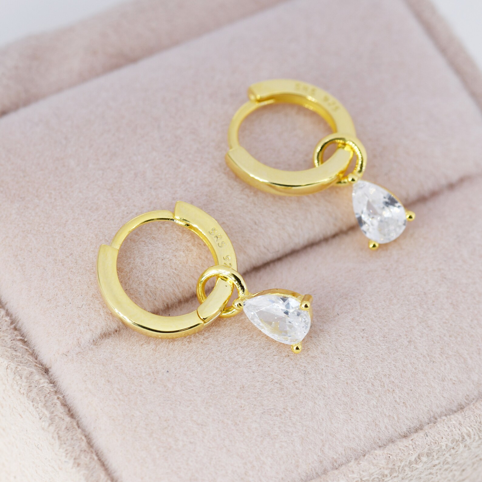 Sterling Silver Pear Cut CZ Droplet Hoop Earrings Silver - Etsy UK