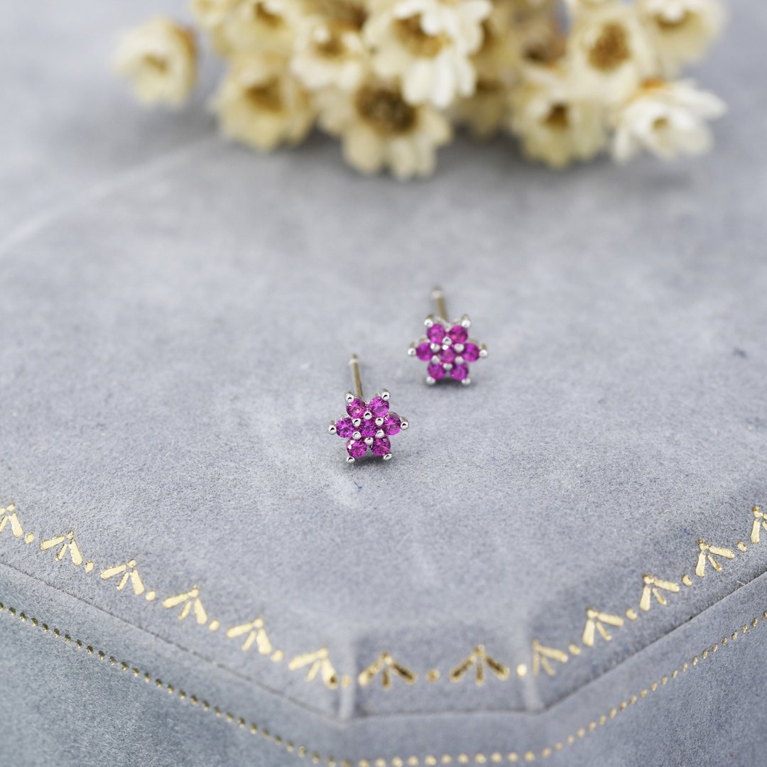 Pair of Very Tiny Ruby Pink CZ Flower Stud Earrings in Sterling Silver ...