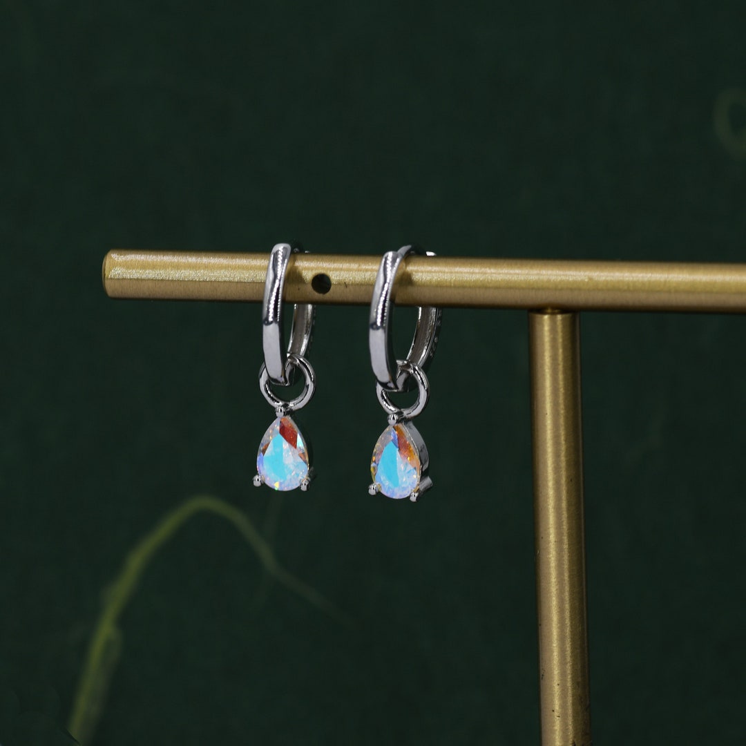 Sterling Silver Aurora AB CZ Droplet Hoop Earrings, Silver, Gold or ...