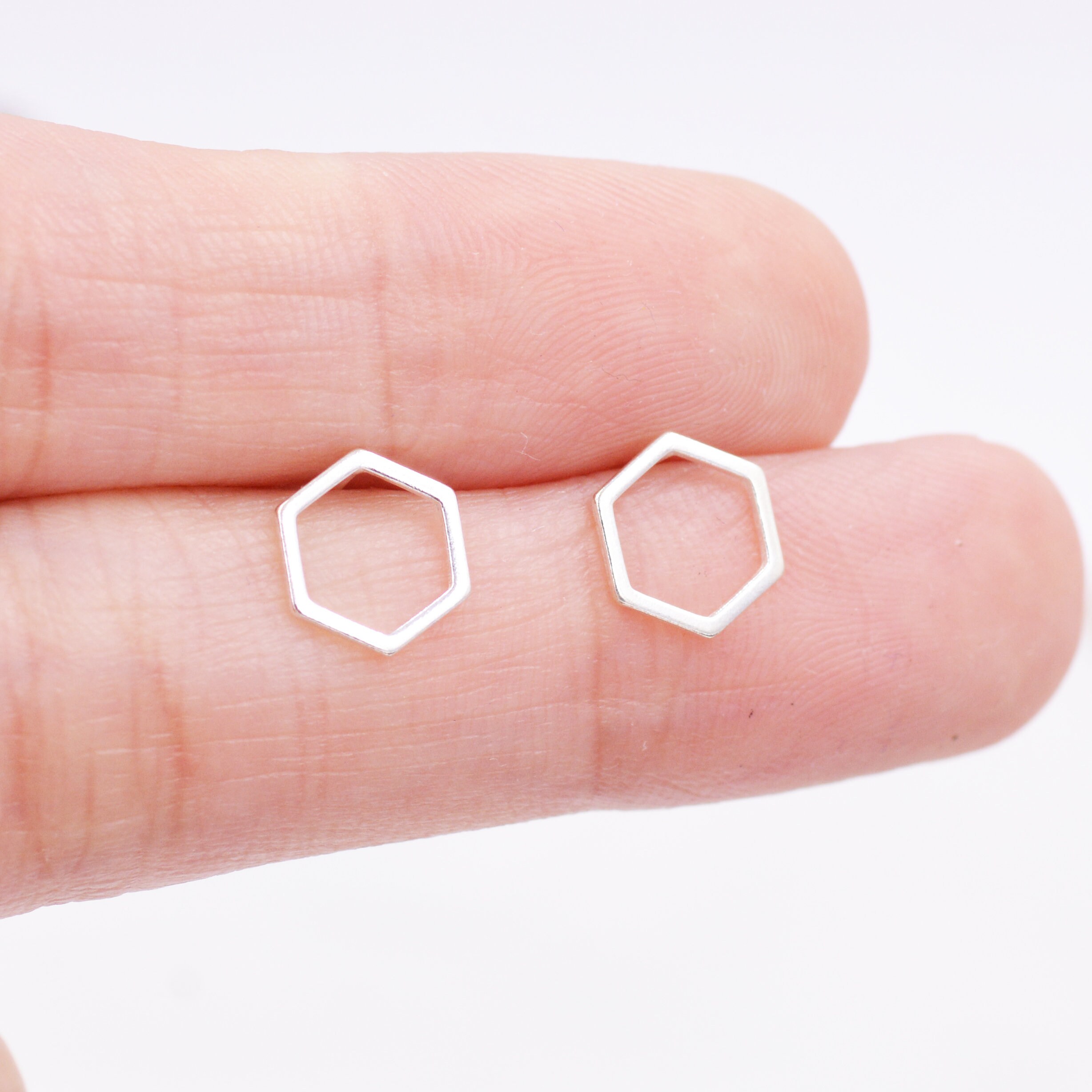 Open Hexagon Stud Earrings in Sterling Silver, Silver, Gold or Rose ...
