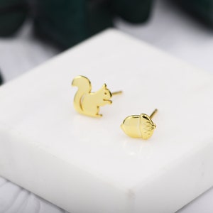 Mismatched Squirrel and Acorn Stud Earrings in Sterling Silver, Silver or Gold, Squirrel ...