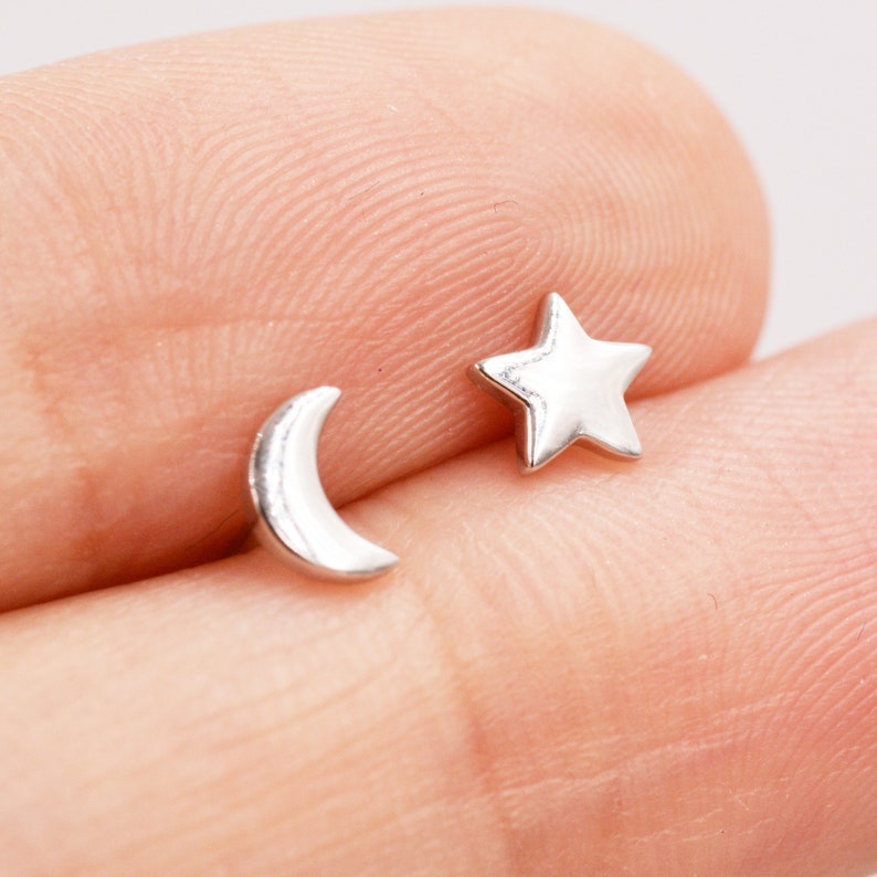 Tiny Crescent Moon and Star Mismatched Asymmetric Stud - Etsy