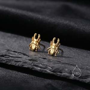 Tiny Stag Beetle Stud Earrings in Sterling Silver, Silver or Gold or Rose Gold, Beetle Earrings ...