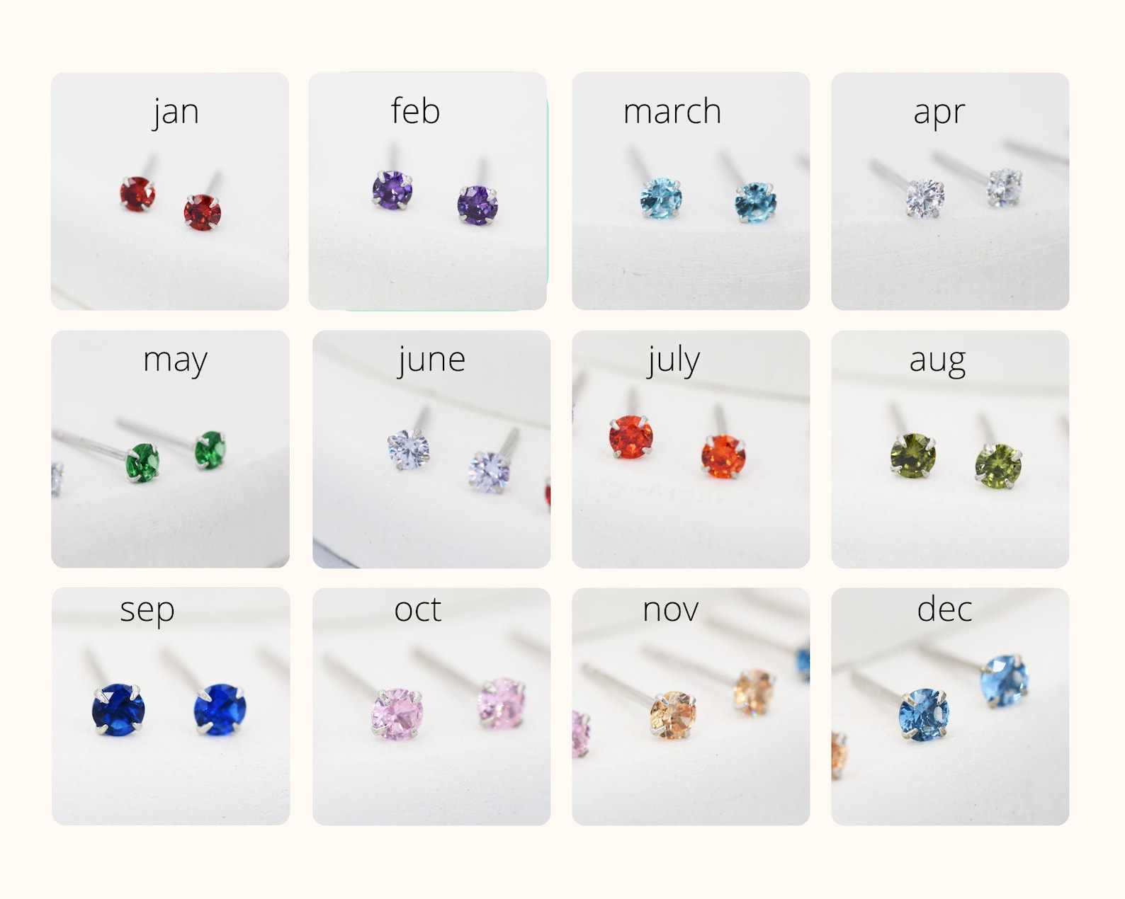 Sterling Silver Tiny Birthstone Stud Earrings, 3mm Birthstone CZ ...