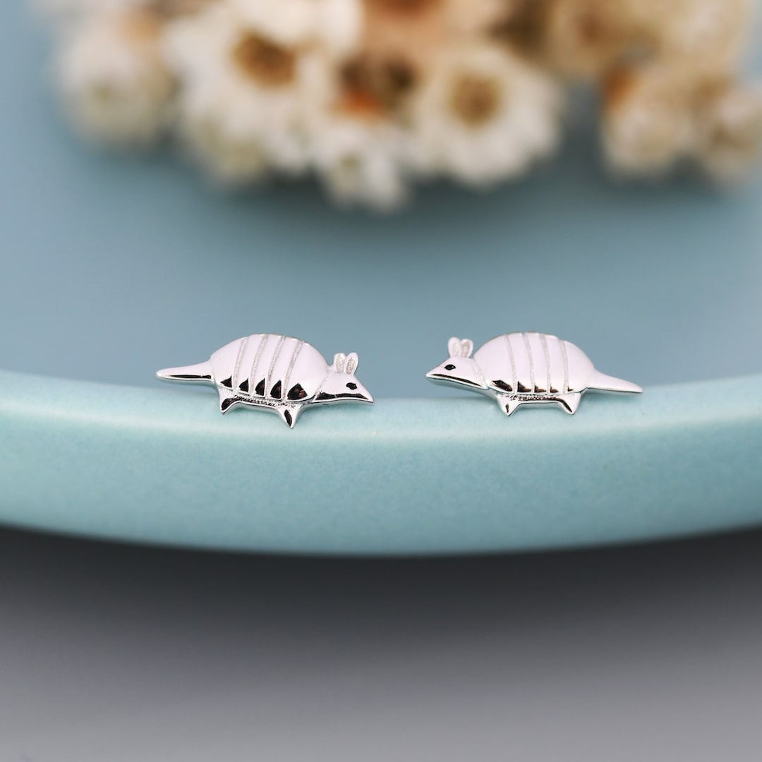 Armadillo Stud Earrings in Sterling Silver, Silver or Gold, Nature ...