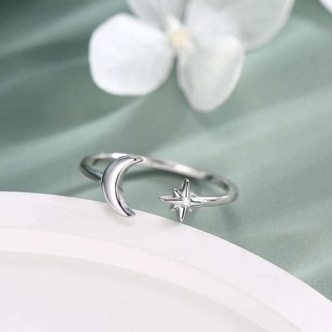 Sterling Silver Moon and Star Open Ring, Adjustable Size, Silver or ...