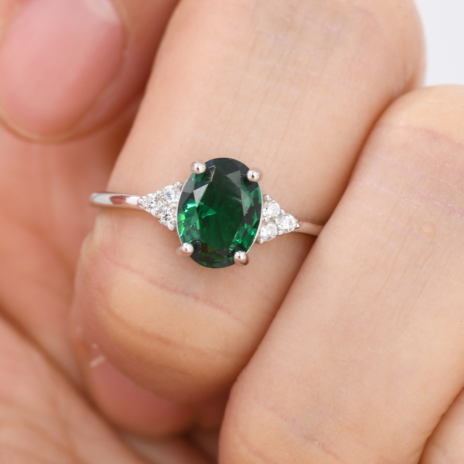 Emerald Green CZ Oval Ring in Sterling Silver Simulated - Etsy UK