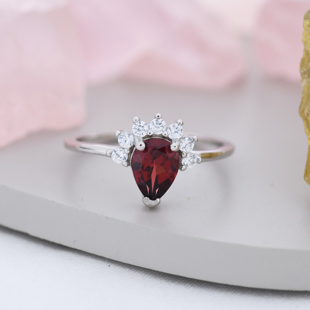 Genuine Pear Cut Garnet Crown Ring in Sterling Silver, Natural Garnet ...