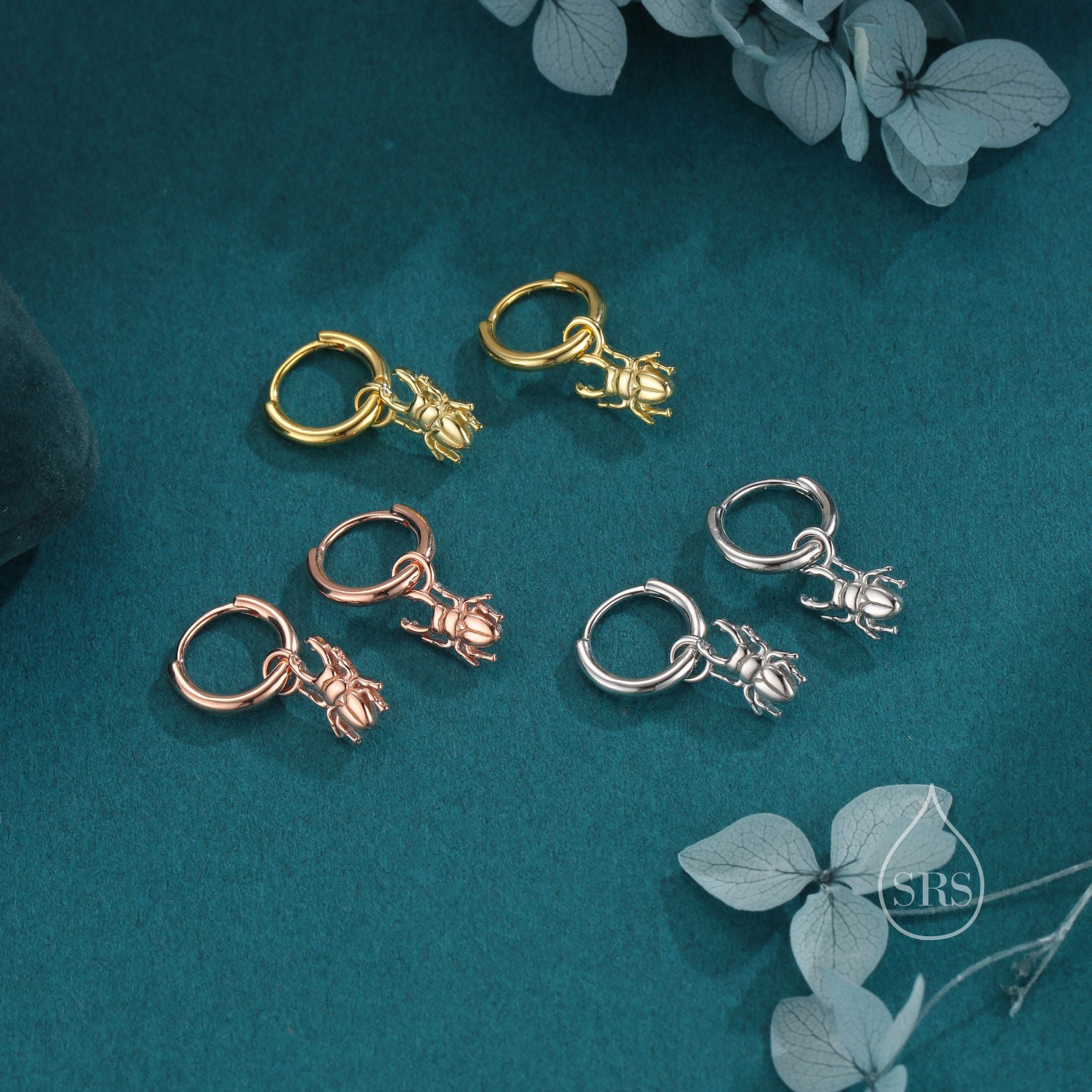 Stag Beetle Huggie Hoop Earrings in Sterling Silver, Silver, Gold or ...