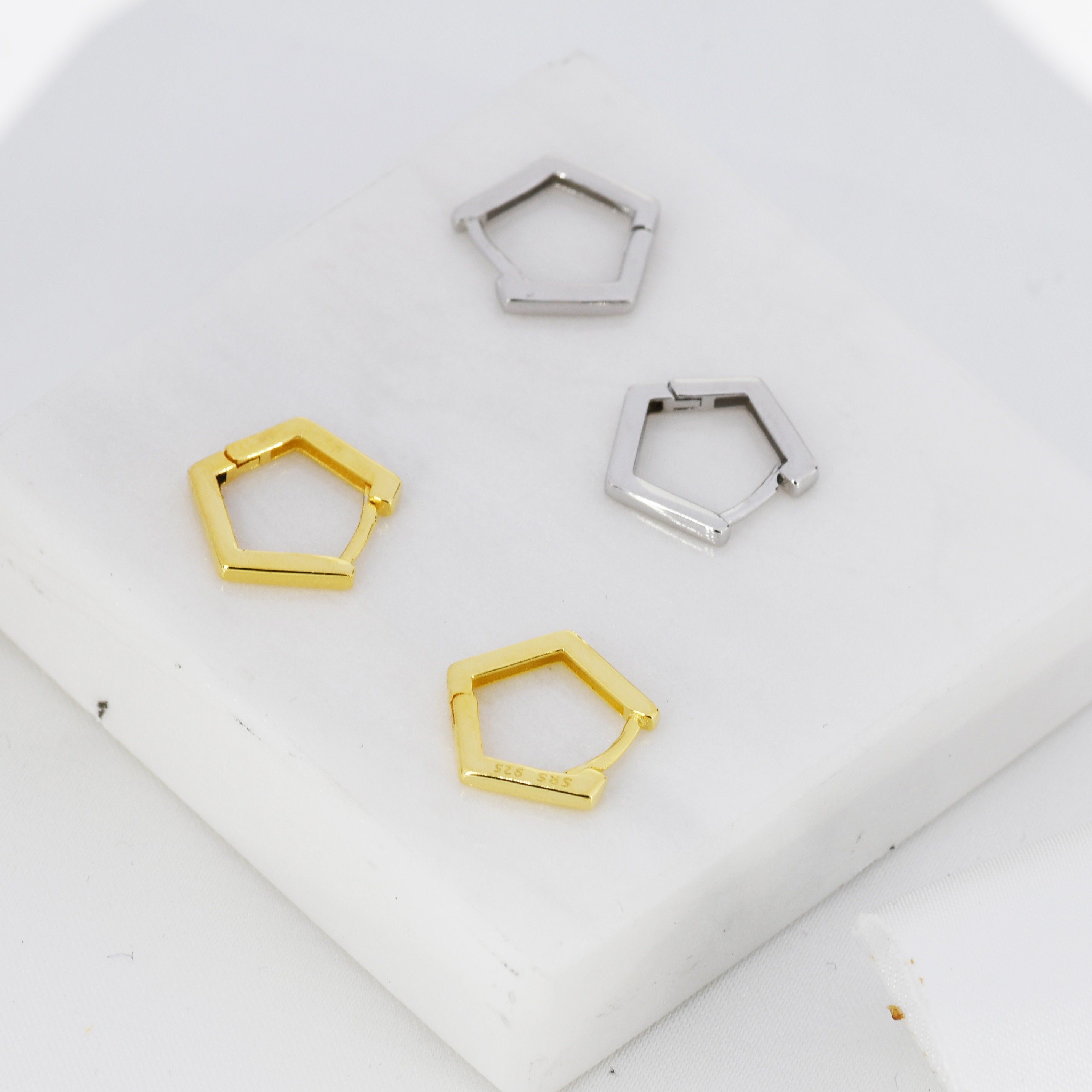 Sterling Silver Pentagon Huggie Hoop Earrings, Silver or Black, Silver ...
