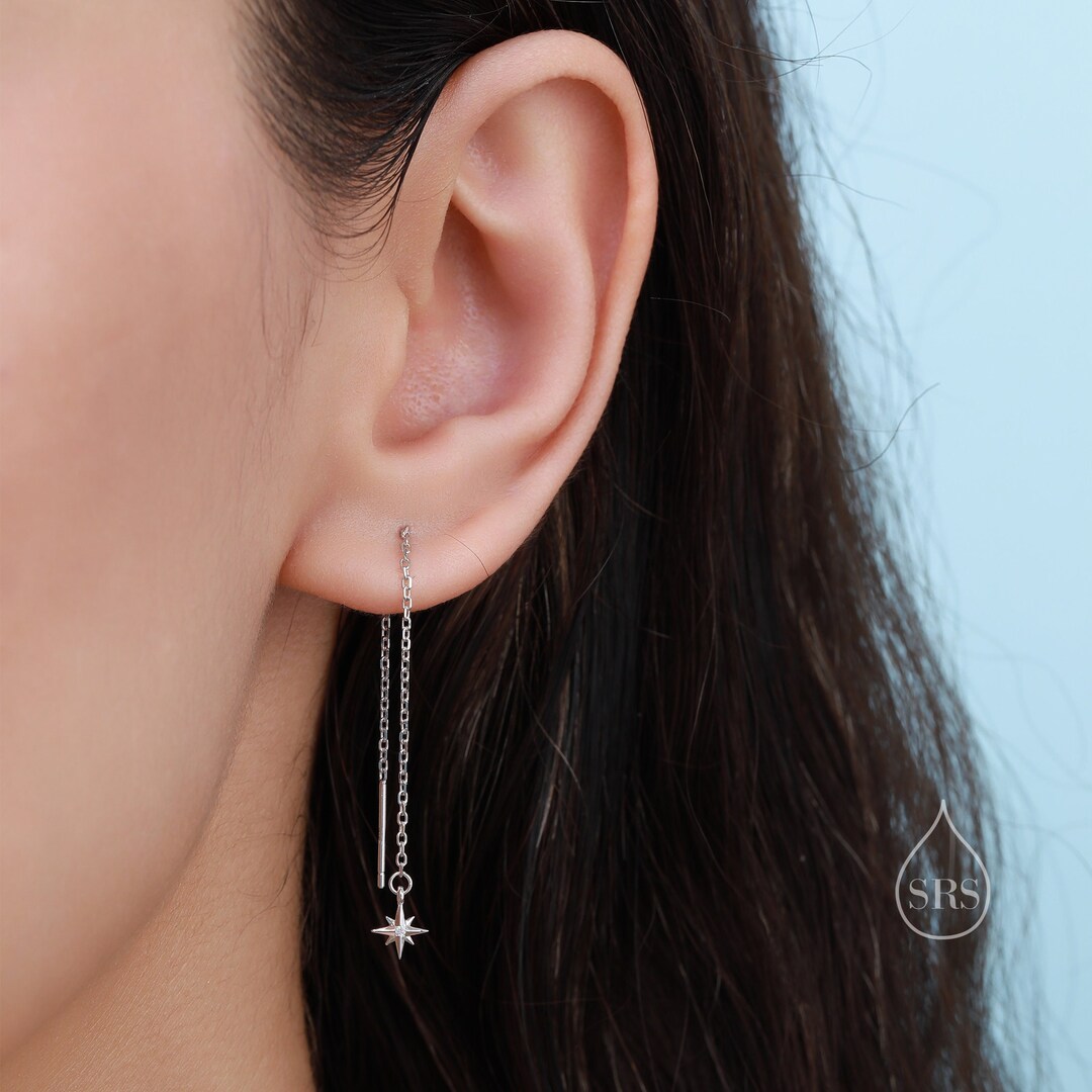 Extra Tiny CZ Starburst Threader Earrings in Sterling Silver, Silver or Gold, North Star Ear ...