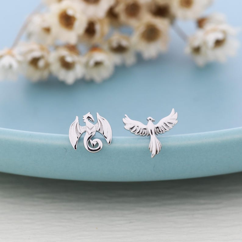 Mismatched Dragon and Phoenix Stud Earrings in Sterling Silver, Silver ...