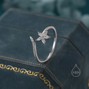CZ Flower Open Ring in Sterling Silver, Silver or Gold, Adjustable ...