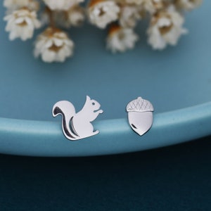 Mismatched Squirrel and Acorn Stud Earrings in Sterling Silver, Silver or Gold, Squirrel ...