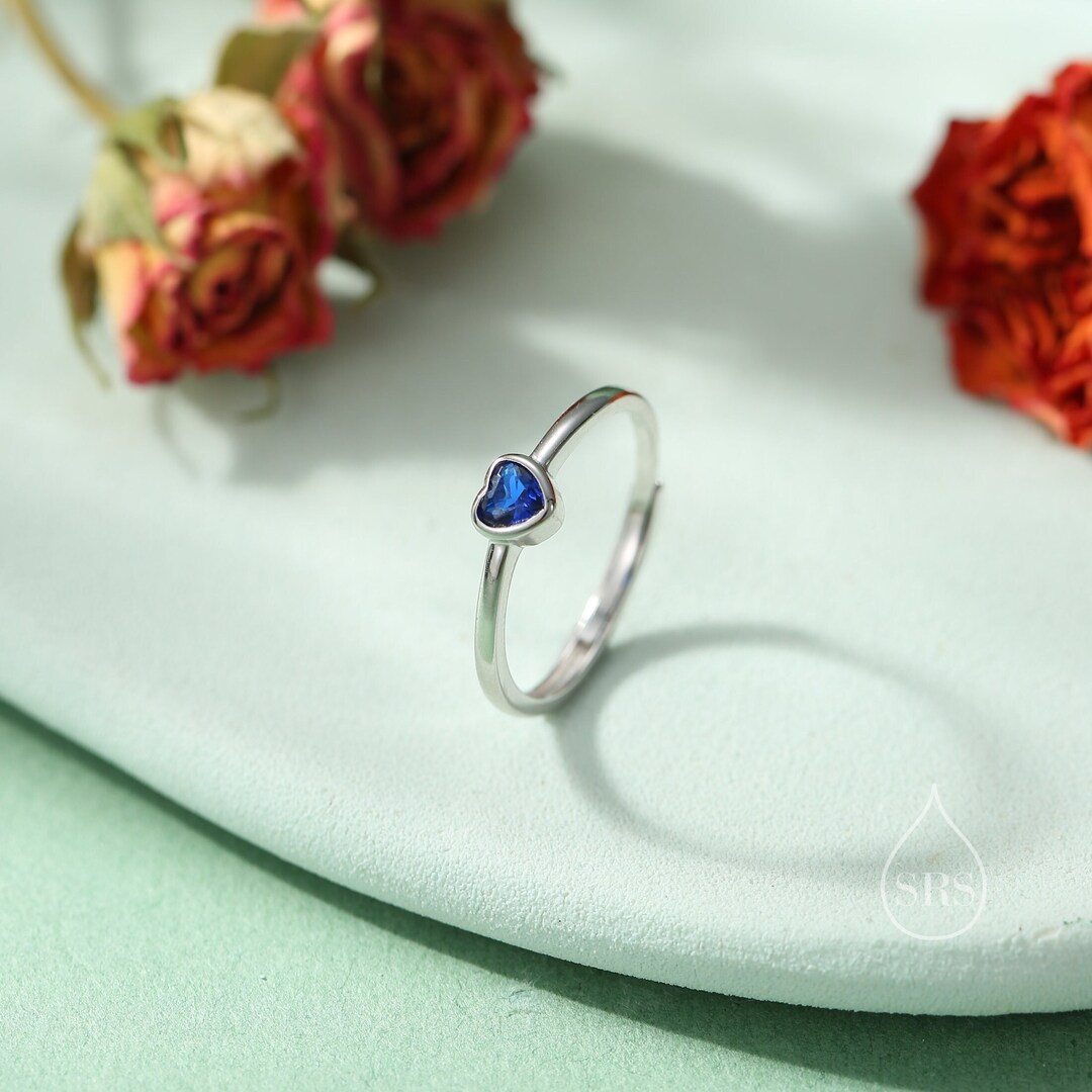 Sterling Silver Very Tiny Sapphire Blue CZ Heart Ring, Adjustable Size ...