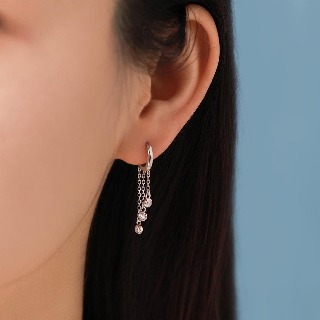 Dangle CZ Crystal Huggie Hoop Earrings in Sterling Silver, Silver or ...