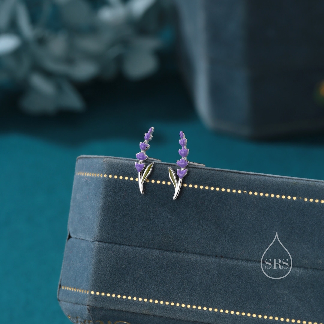 Super Tiny Sterling Silver Lavender Stud Earrings, Handpainted Enamel ...