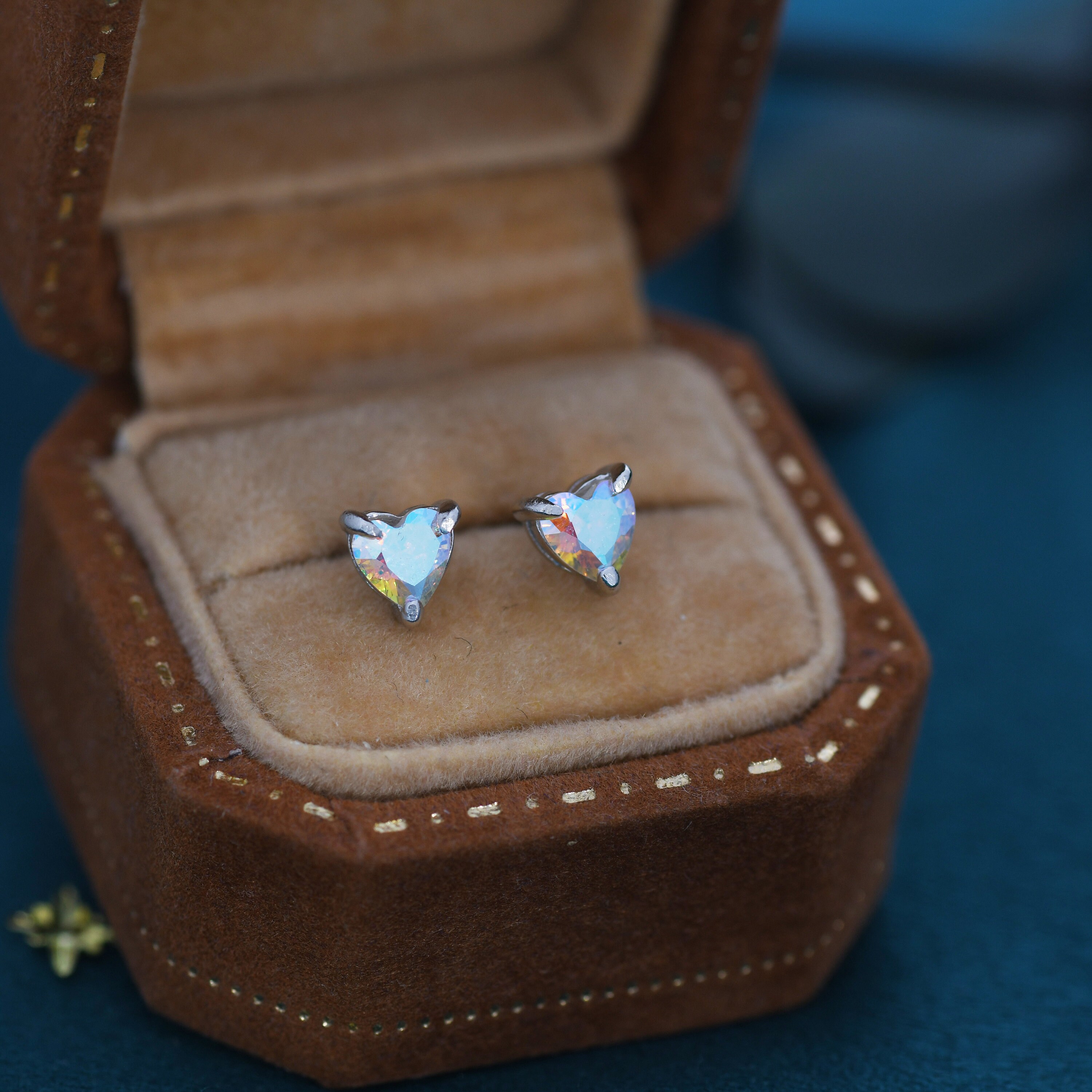 Aurora Borealis Heart Stud Earrings in Sterling Silver, AB CZ Heart ...