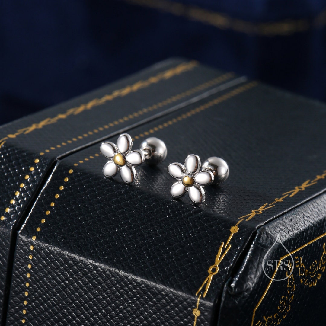 Tiny Little Forget-me-not Flower Screw Back Earrings in Sterling Silver ...