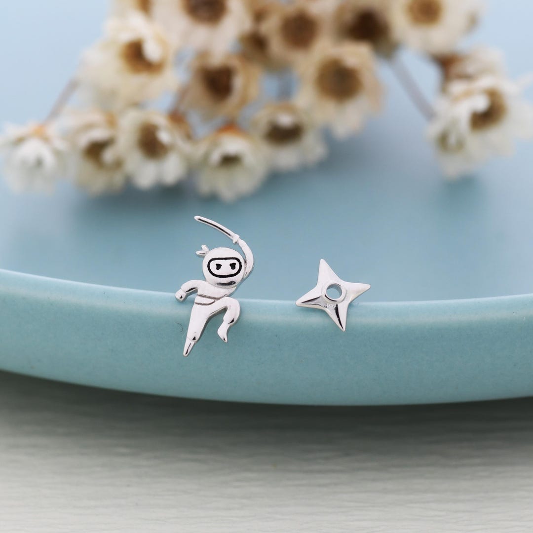 Tiny Mismatched Ninja and Ninja Shuriken Star Stud Earrings in Sterling ...