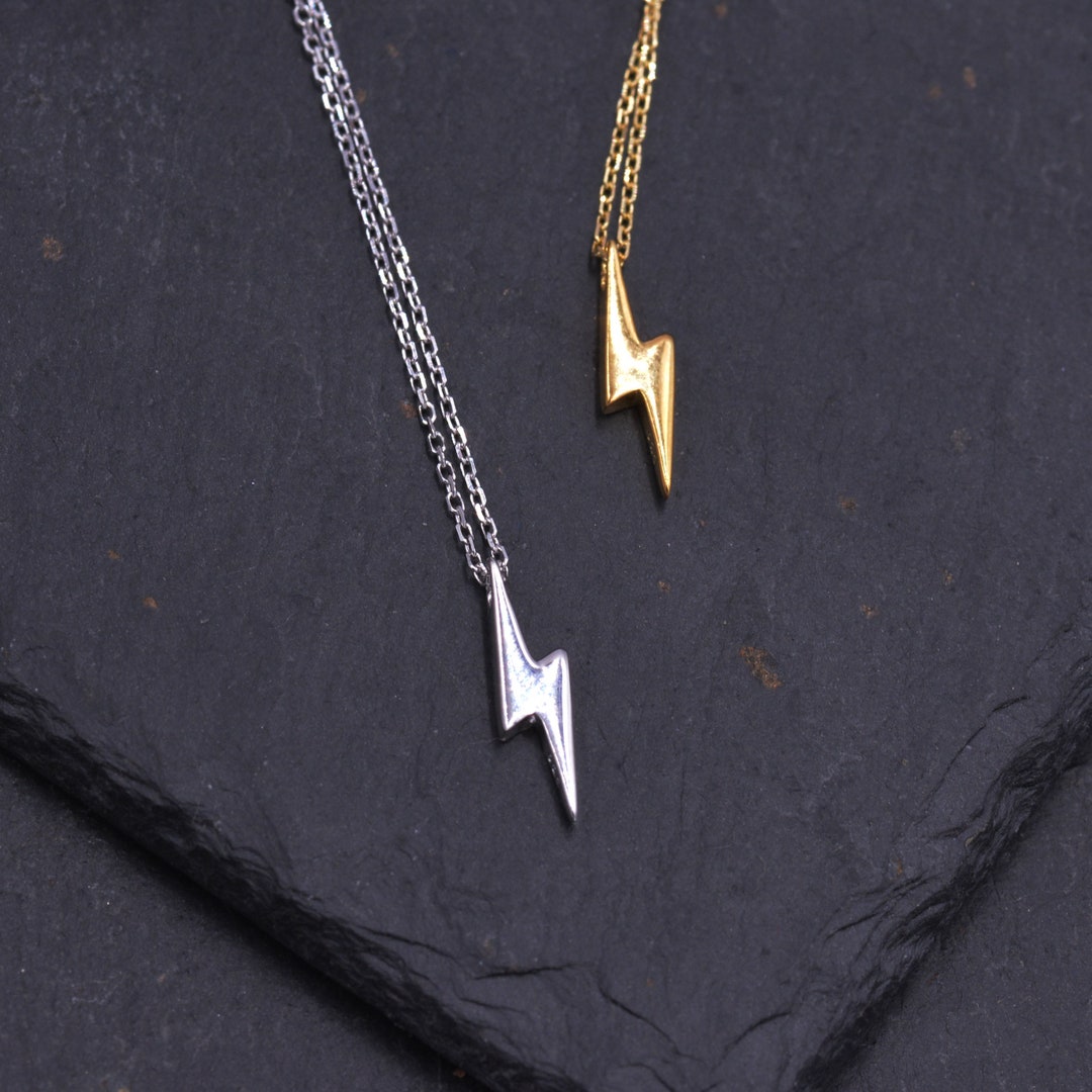 Sterling Silver Tiny Little Lightning Bolt Pendant Necklace, Gold or ...