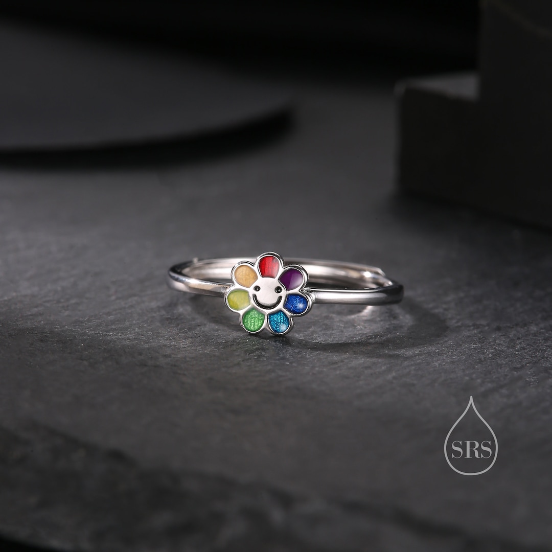 Sterling Silver Cute Little Smiling Flower Ring, Adjustable Size, Cute ...