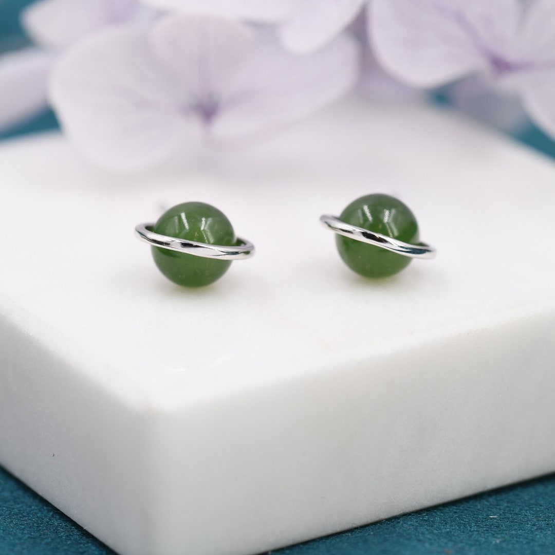 Genuine Jade Crystal Planet Stud Earrings in Sterling Silver, Green ...