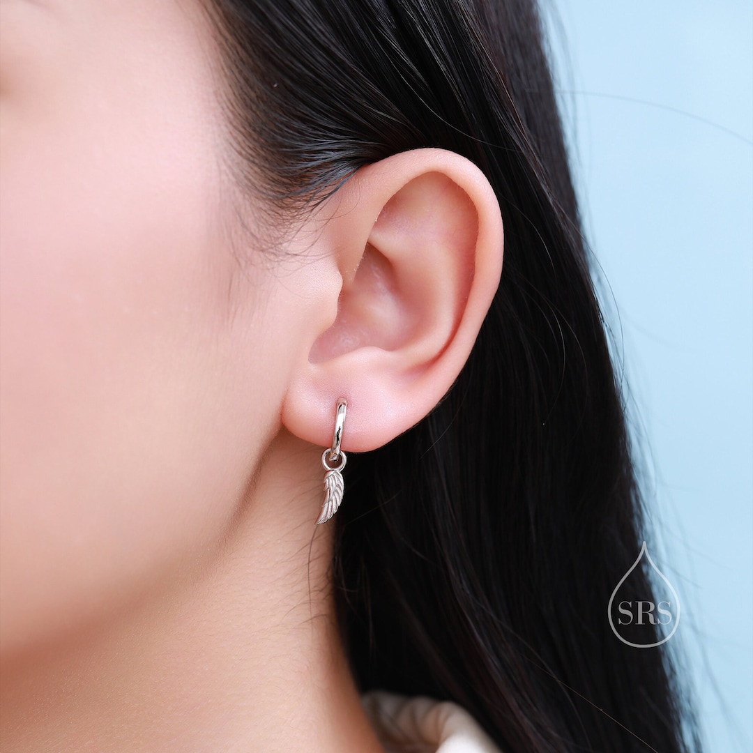 Tiny Angel Wing Huggie Hoop Earrings in Sterling Silver, Wing Earrings ...
