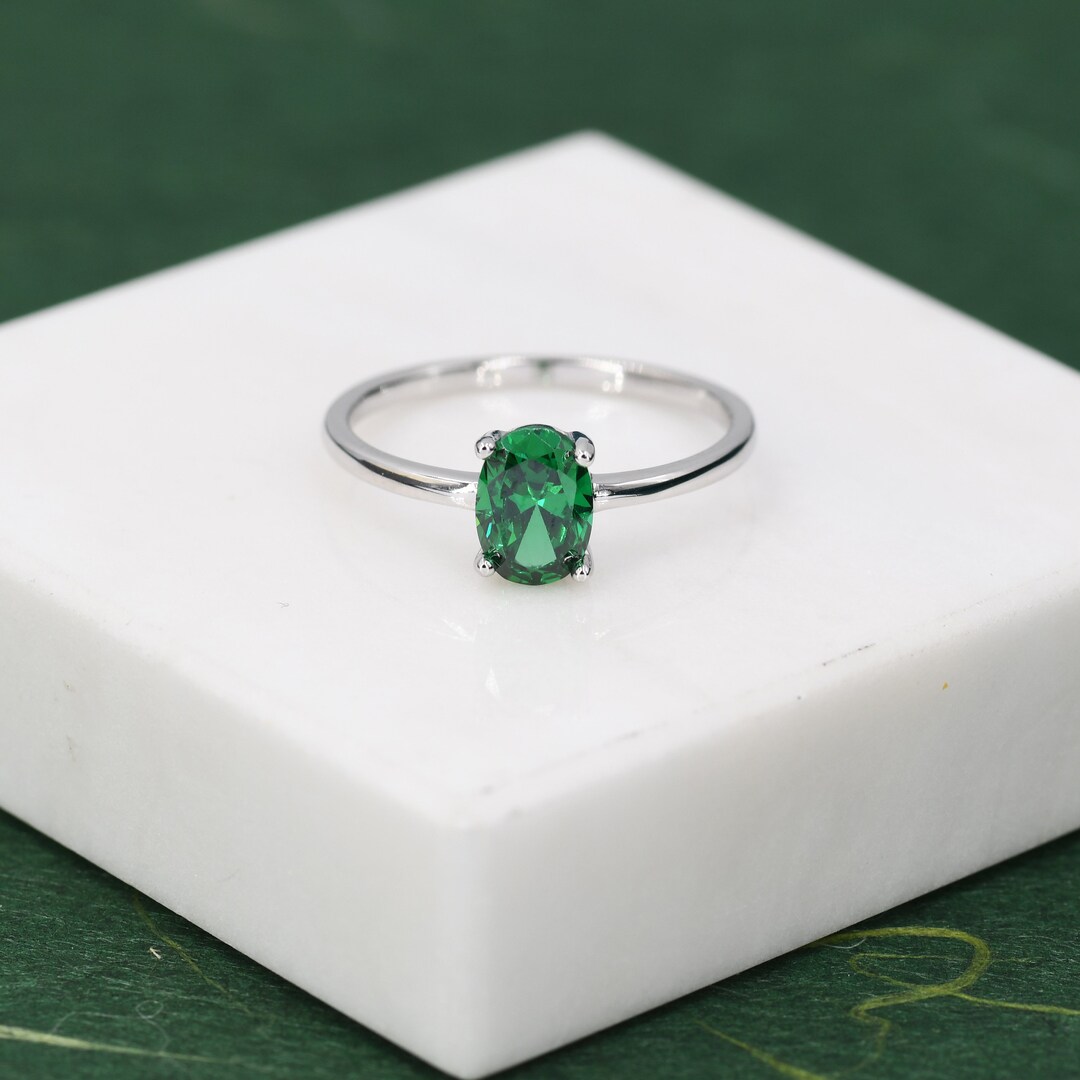 1 Carat Emerald Green CZ Oval Cut Ring in Sterling Silver, 5x7mm Green ...