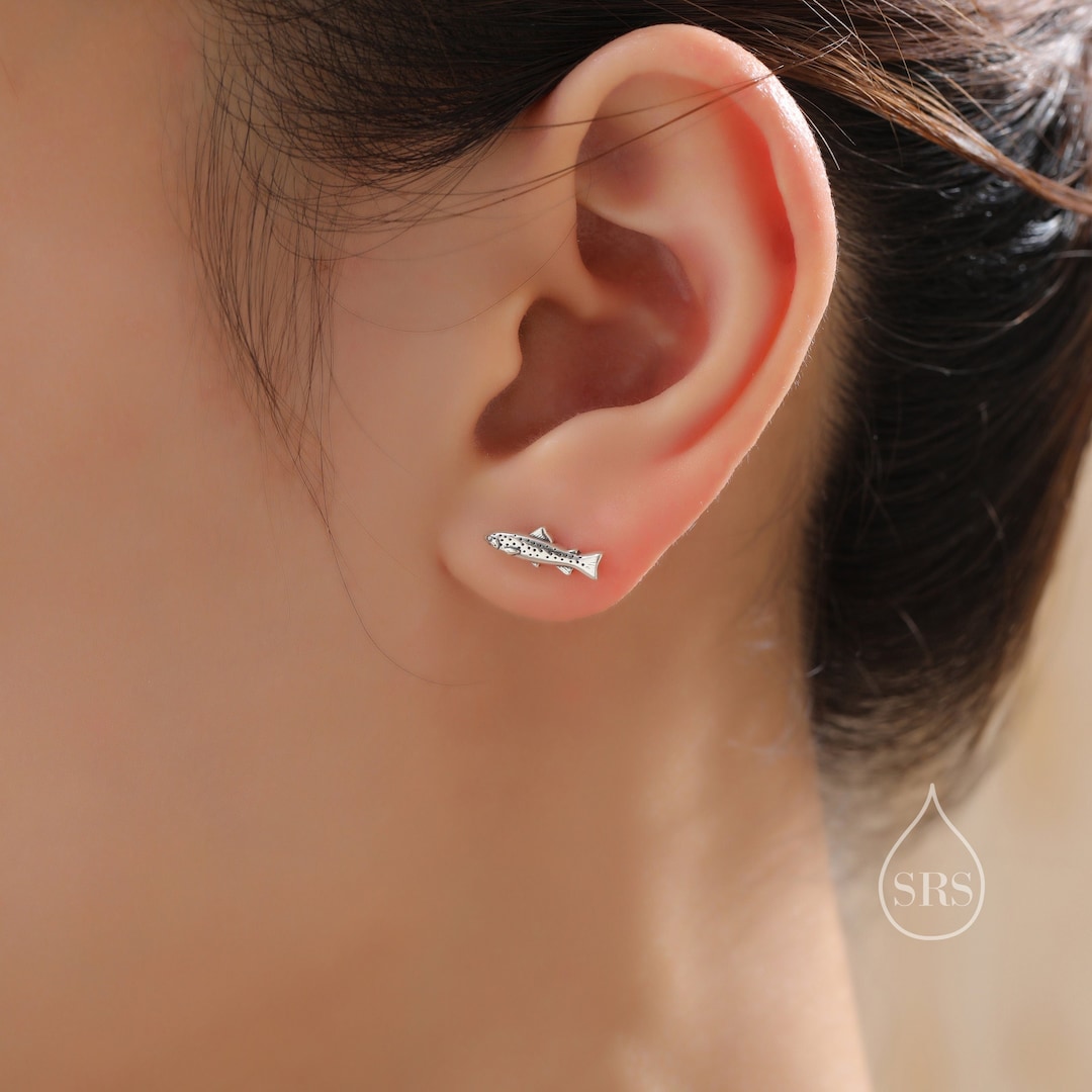 Trout Fish Stud Earrings in Sterling Silver, Silver or Gold or Rose ...