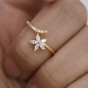 CZ Flower Open Ring in Sterling Silver, Silver or Gold, Adjustable ...