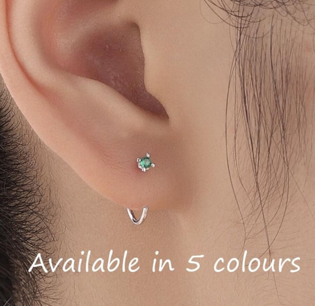 Extra Tiny Sterling Silver 2mm CZ Huggie Hoop Earrings, Silver or Gold ...