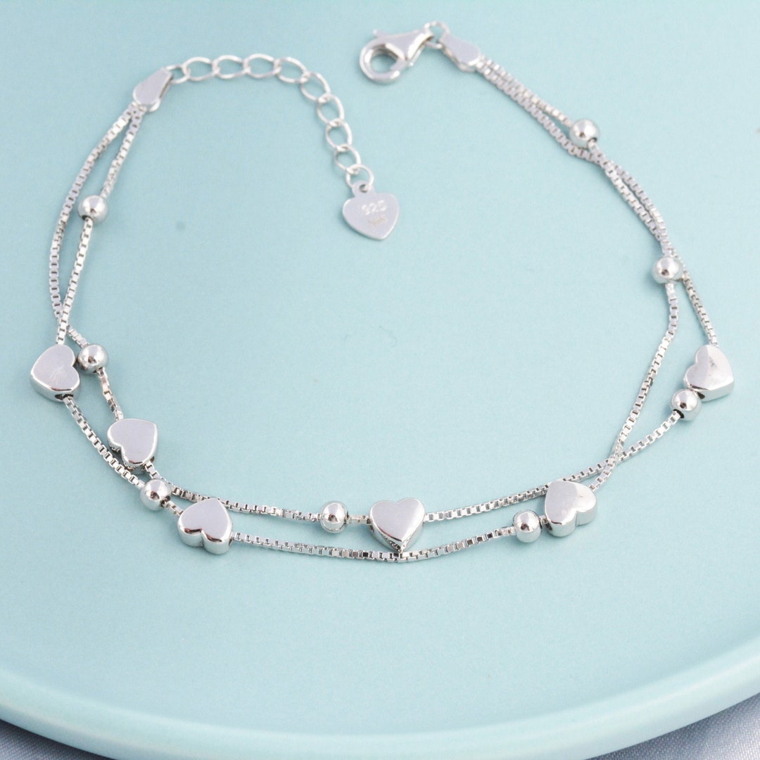 Heart Charm Bracelet in Sterling Silver, Solid Sterling Silver Heart ...
