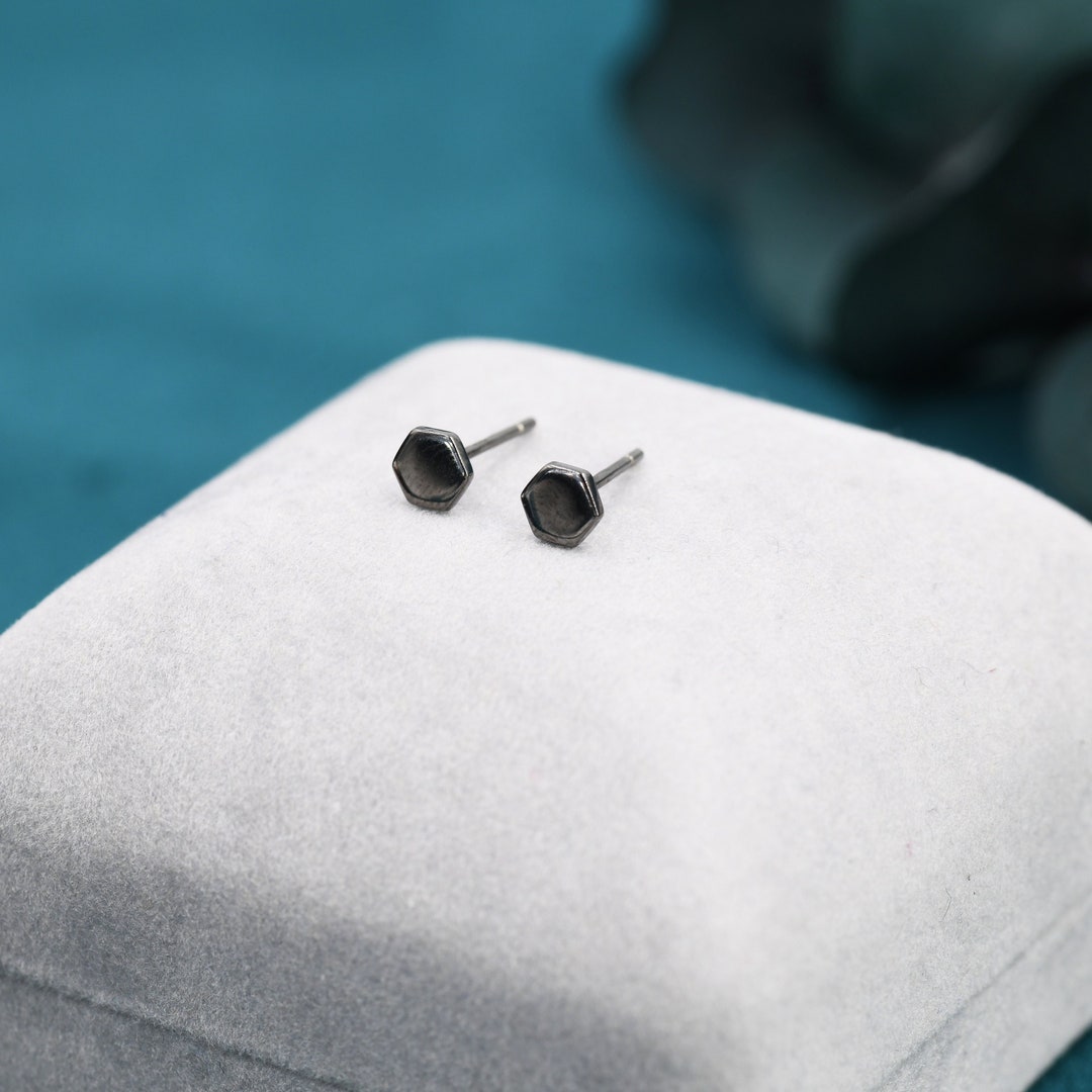 Tiny Hexagon Stud Earrings in Sterling Silver, Silver or Black, Black ...