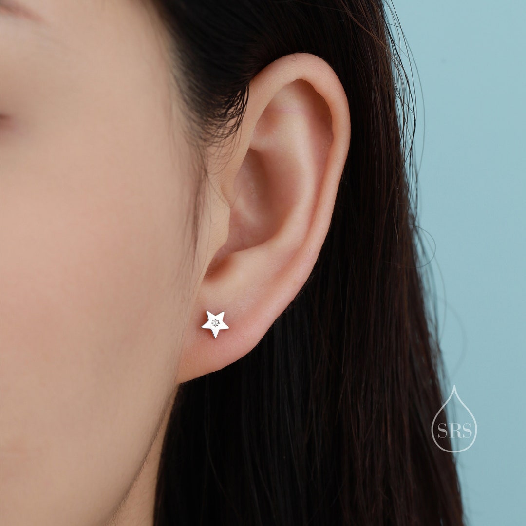 Tiny Star With Starburst Stud Earrings in Sterling Silver, Silver, Gold ...