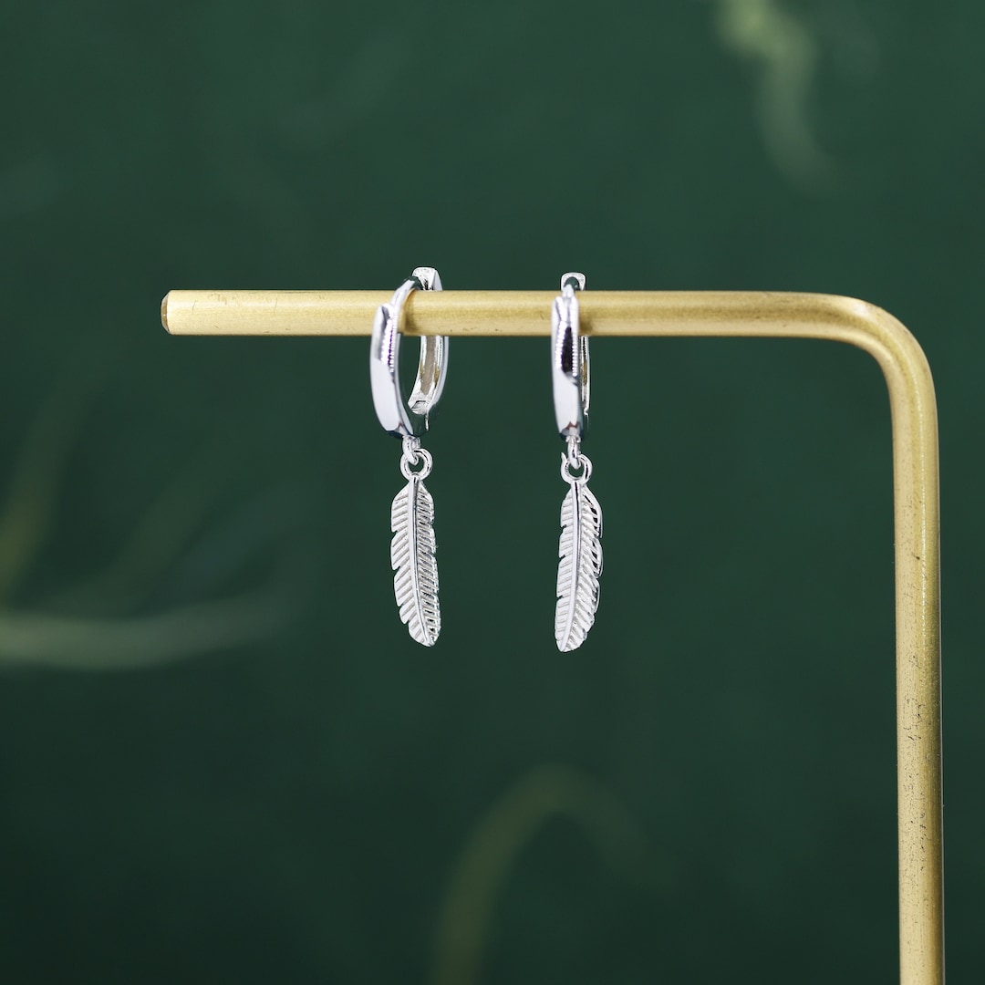 Sterling Silver Tiny Feather Huggie Hoops, Feather Hoop Earrings ...