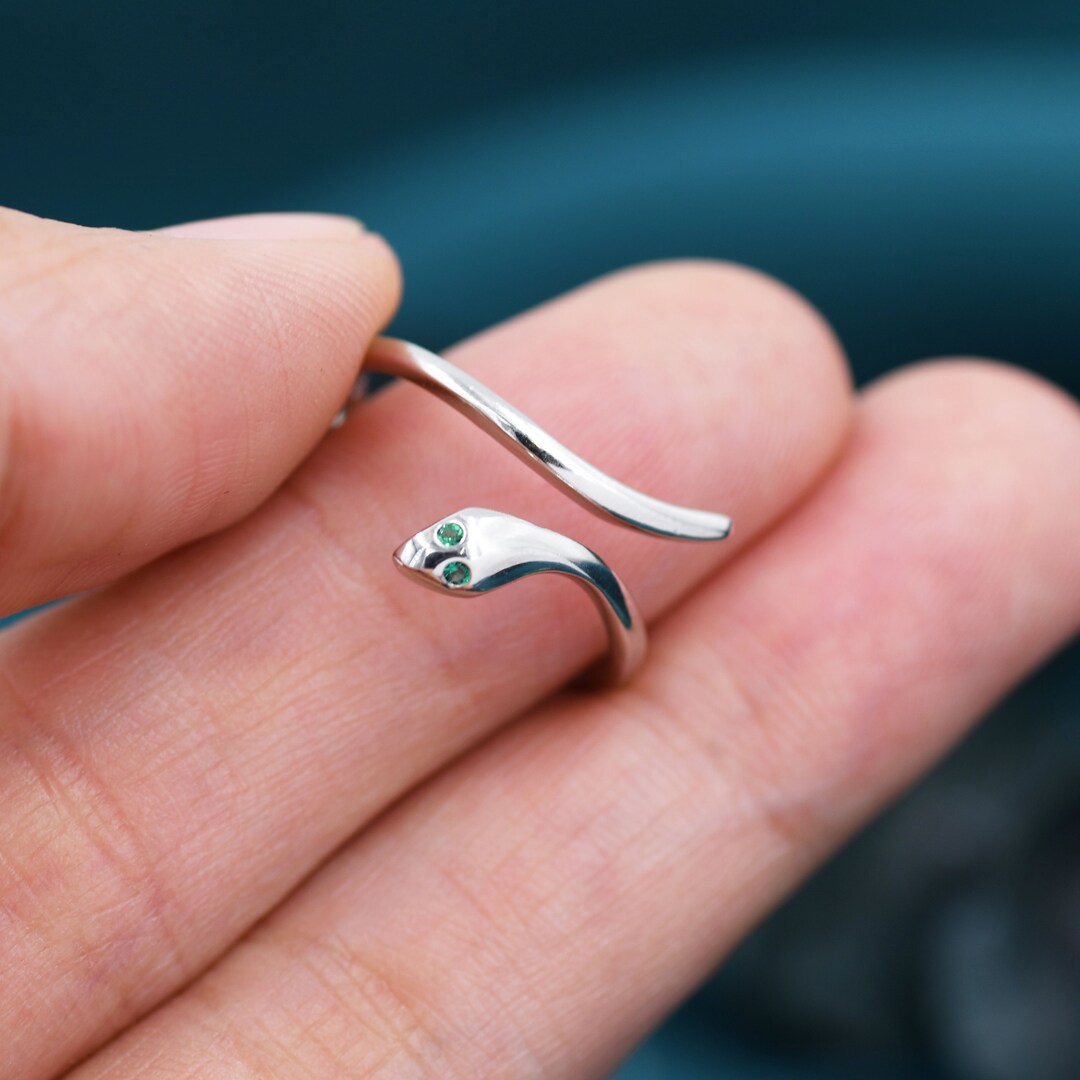 Snake Wrap Ring in Sterling Silver - Emerald Green Eyed Snake Ring ...