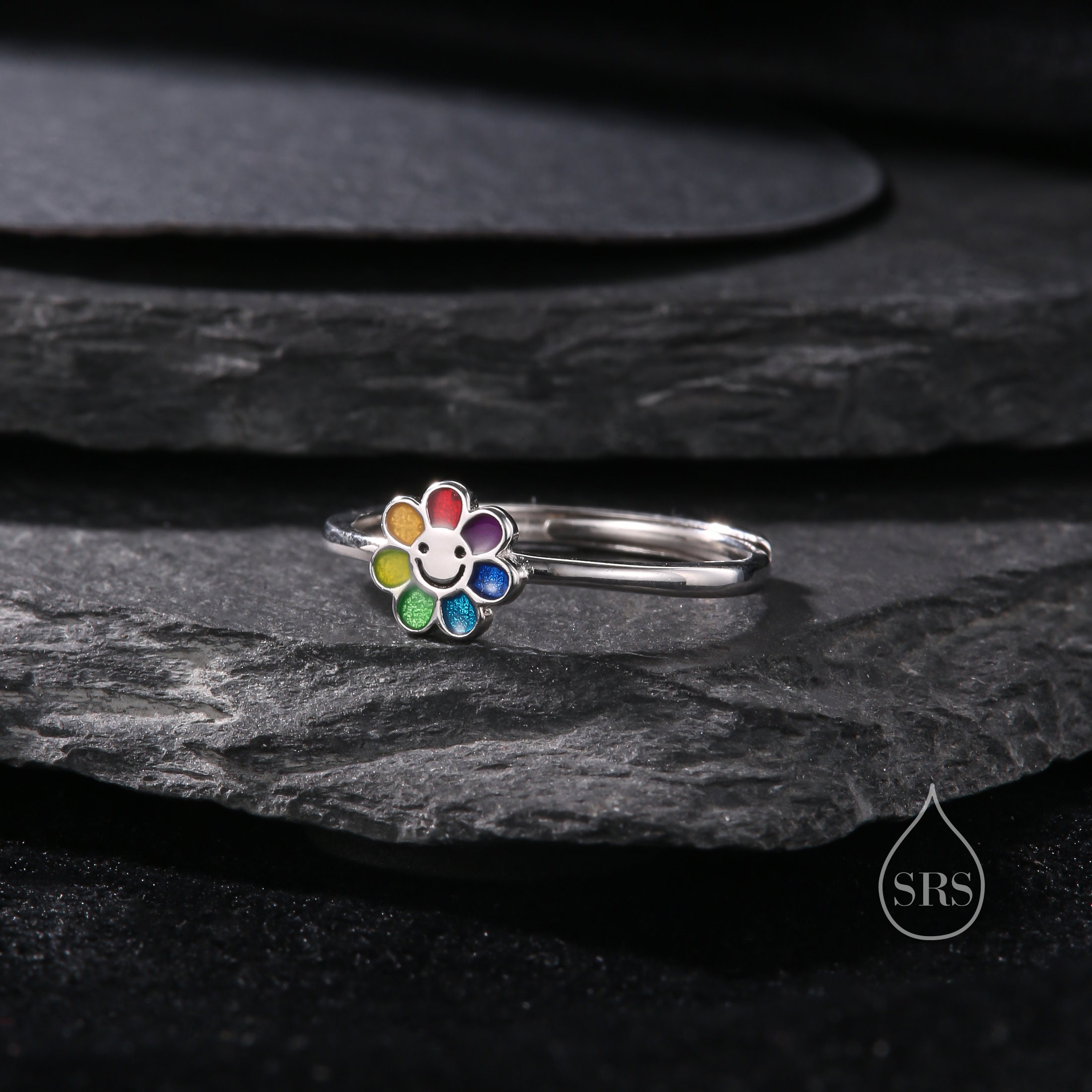 Sterling Silver Cute Little Smiling Flower Ring, Adjustable Size, Cute ...