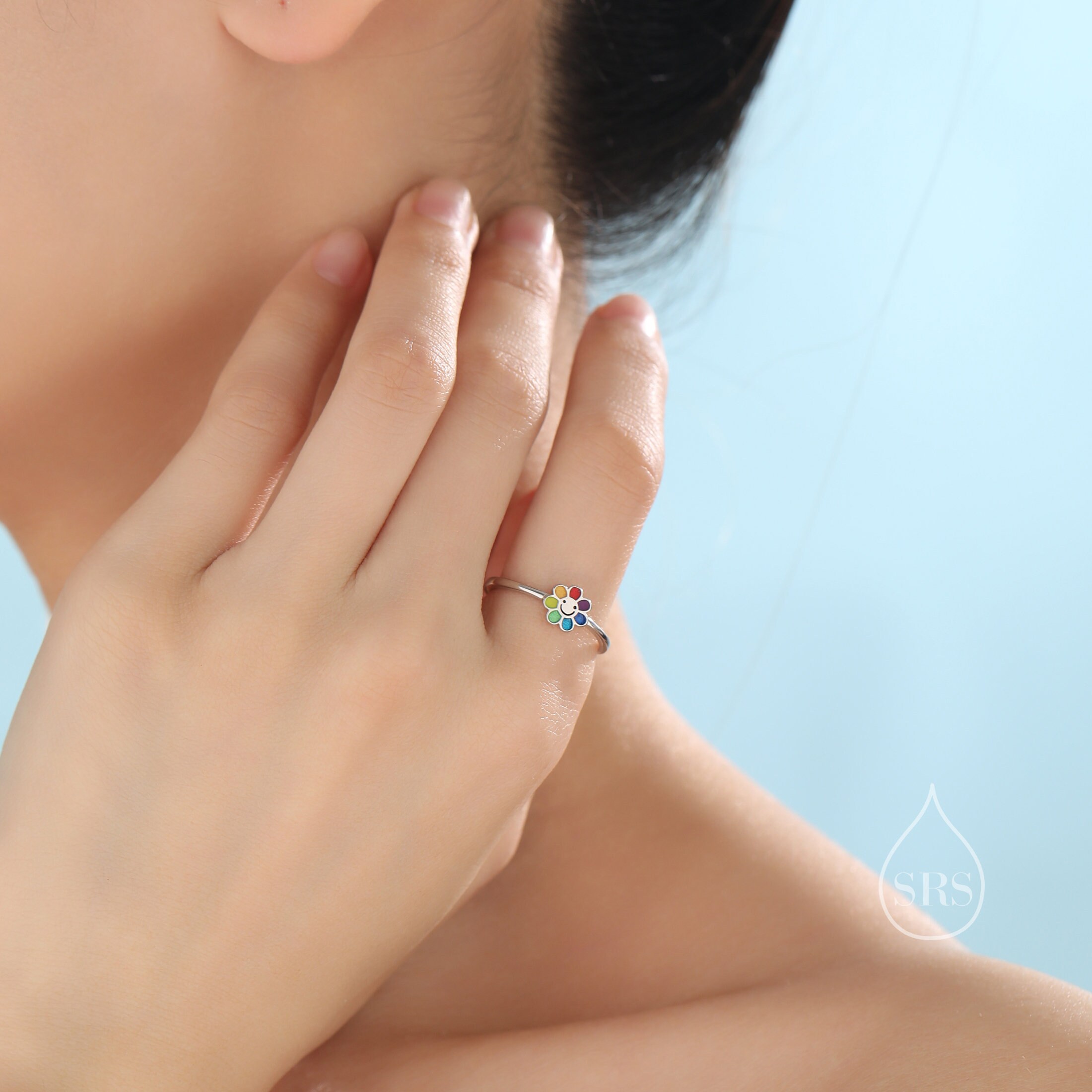 Sterling Silver Cute Little Smiling Flower Ring, Adjustable Size, Cute ...