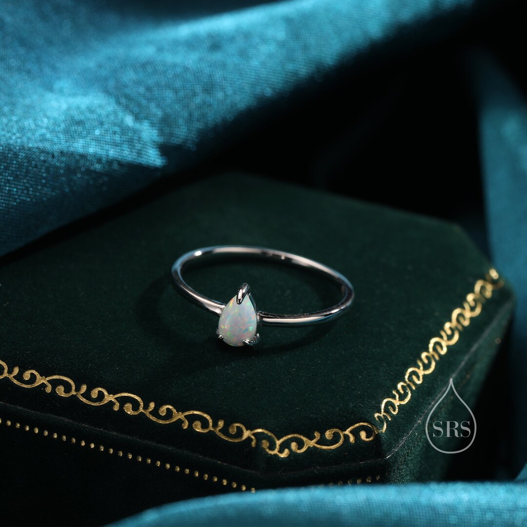 Fire Opal Droplet Ring in Sterling Silver, US 5 - 8, 4x6mm, Prong Set ...