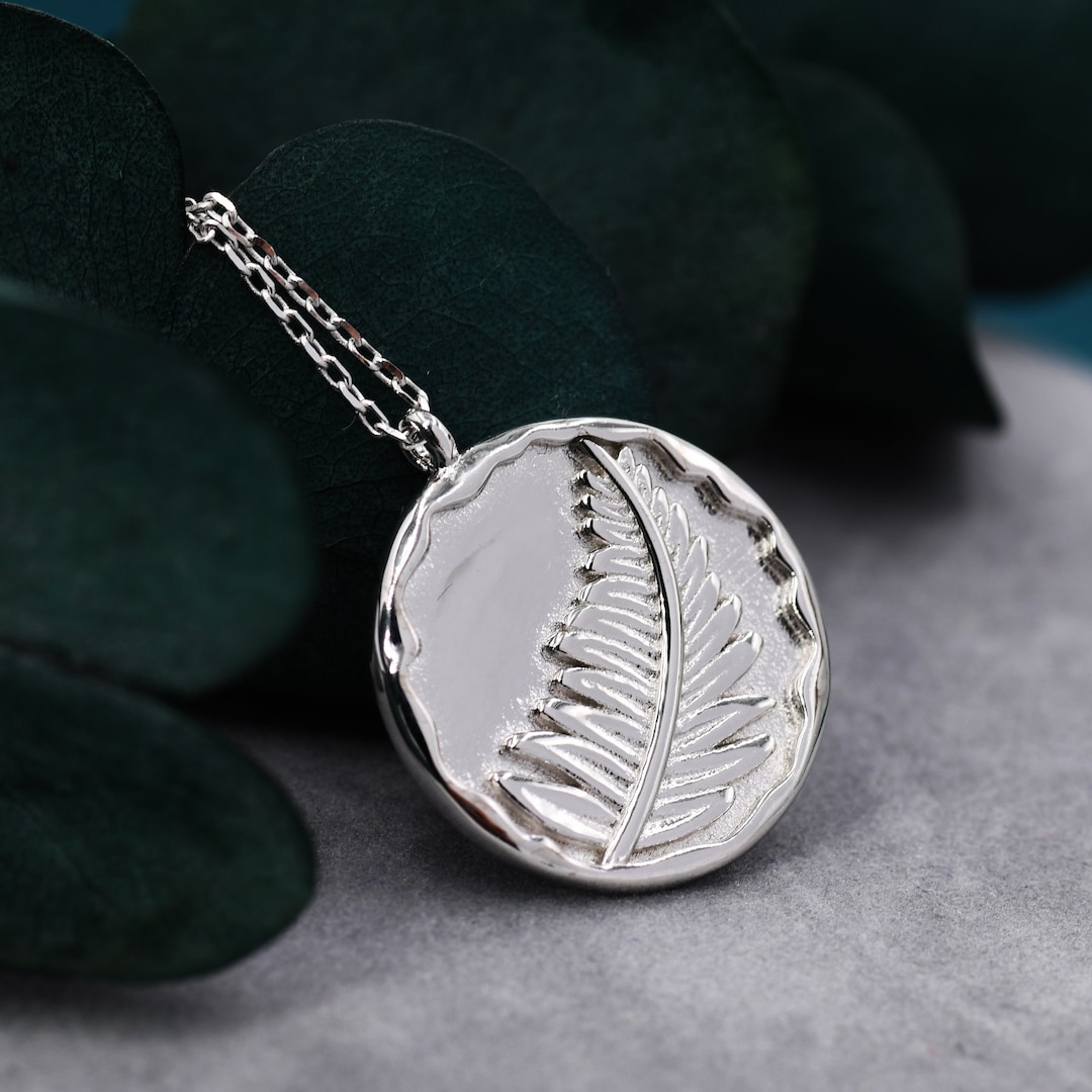 Fern Leaf Round Disk Coin Pendant Necklace in Sterling Silver, Silver ...