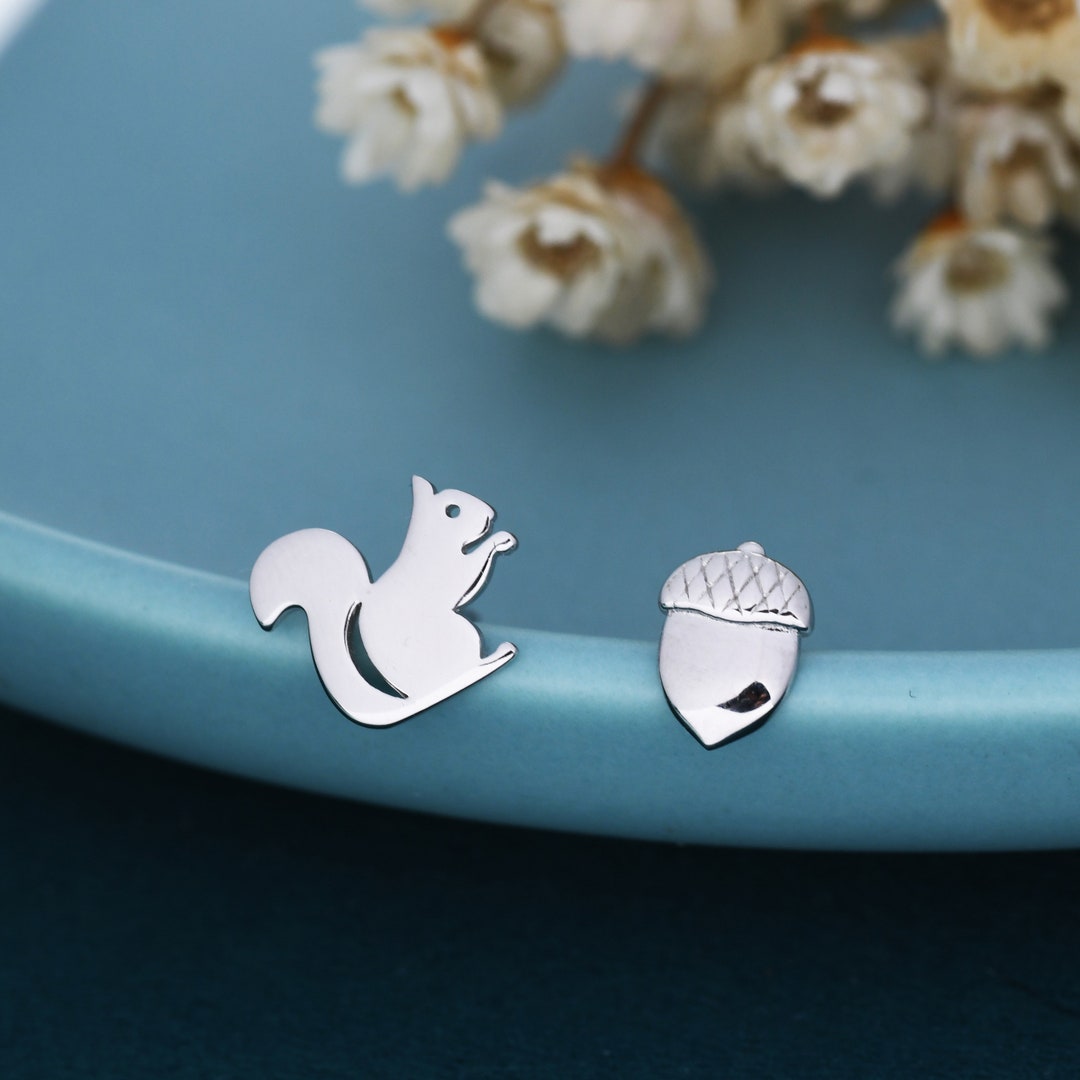 Mismatched Squirrel and Acorn Stud Earrings in Sterling Silver, Silver or Gold, Squirrel ...