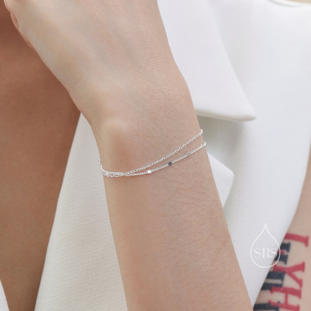 Double Layer Bracelet in Sterling Silver, Dainty Chain Sparkle Chain ...
