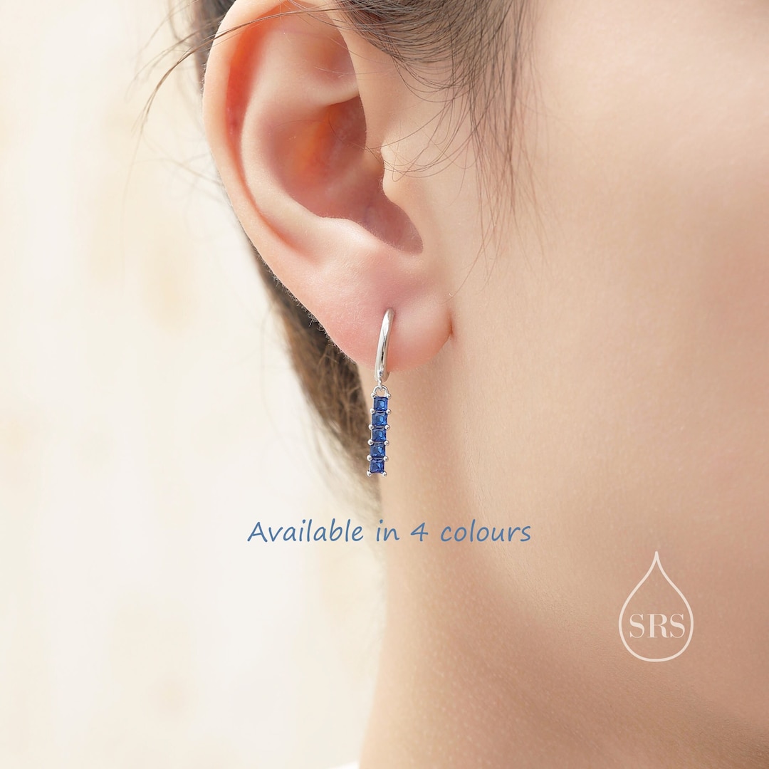 Sterling Silver Dangle CZ Bars Huggie Hoop Earrings, 8mm Hoops With CZ ...