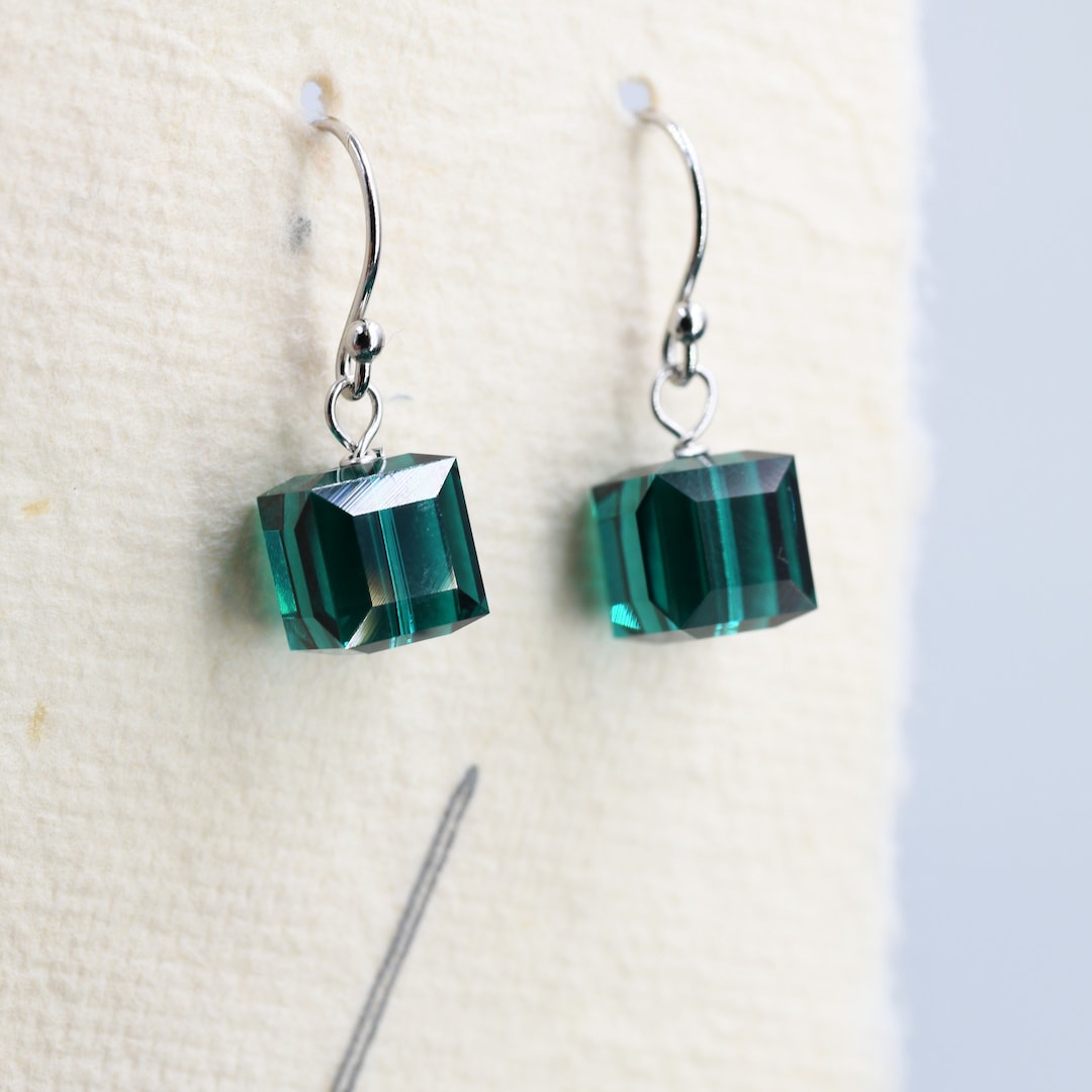 Emerald Green Crystal Cube Drop Hook Earrings in Sterling Silver, Dark ...