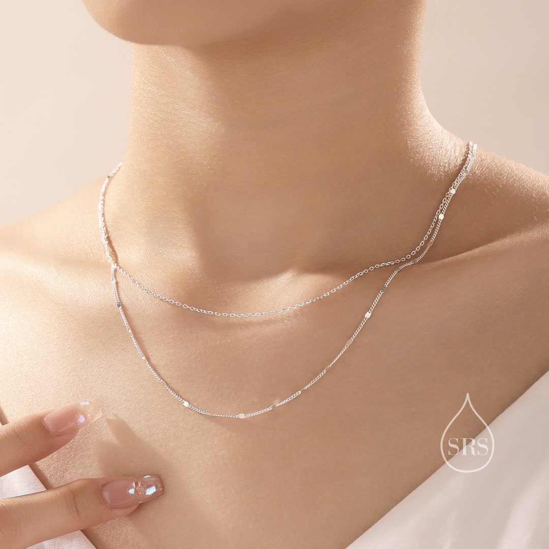 Double Layer Necklace in Sterling Silver With Sparkle Disk Chain ...