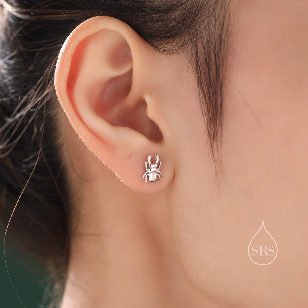 Tiny Stag Beetle Stud Earrings in Sterling Silver, Silver or Gold or Rose Gold, Beetle Earrings ...